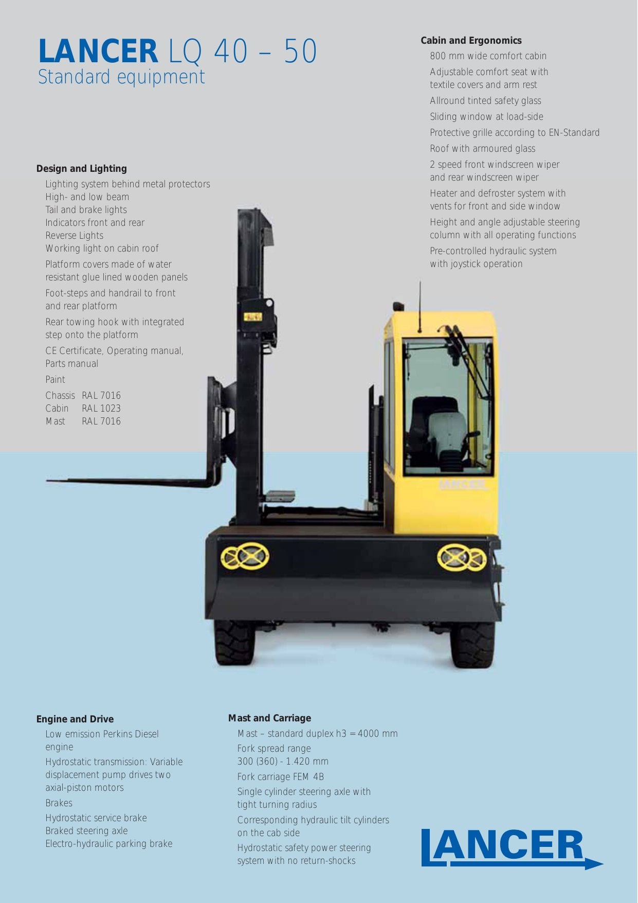 Lancer LQ 40 diesel 4 way forklift specs (2003 - 2015) | LECTURA Specs