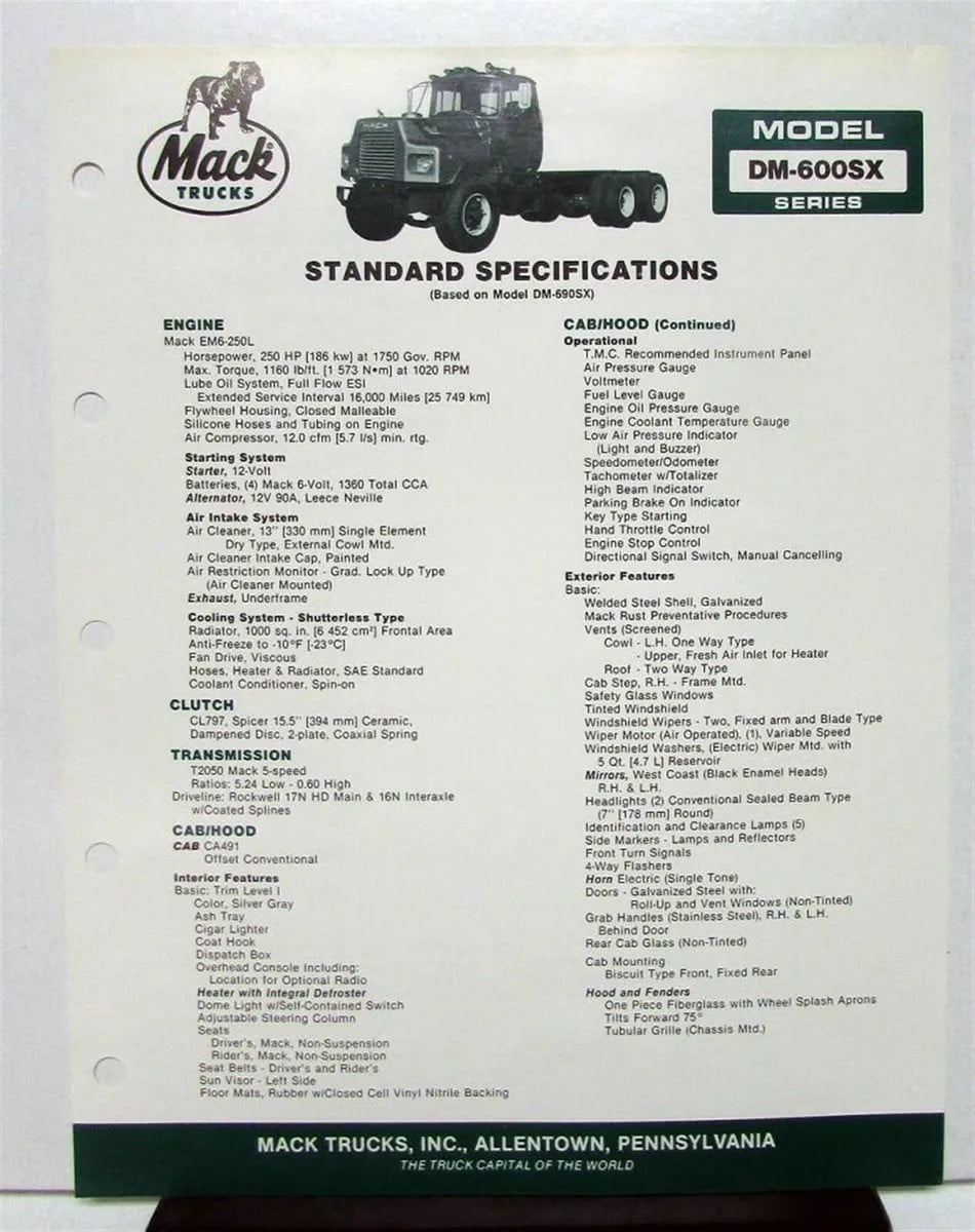 Mack DM-600SX CA481 ET973 6x4 (1964 - 2005) Truck Specs & Dimensions ...
