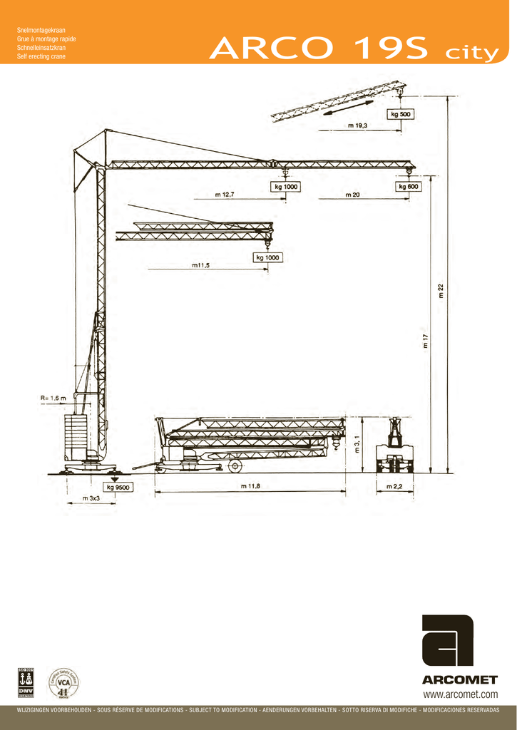 Arcomet Arco 19 S-City crane - load chart, specs & dimensions (1998 ...
