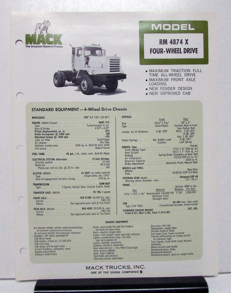 Mack RM 4874 X CA49 ET477 4x2 (1972 - 1990) Truck Specs | LECTURA Specs